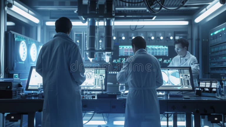 Scientists Analyzing Data in High-Tech Laboratory at Night Stock Photo ...