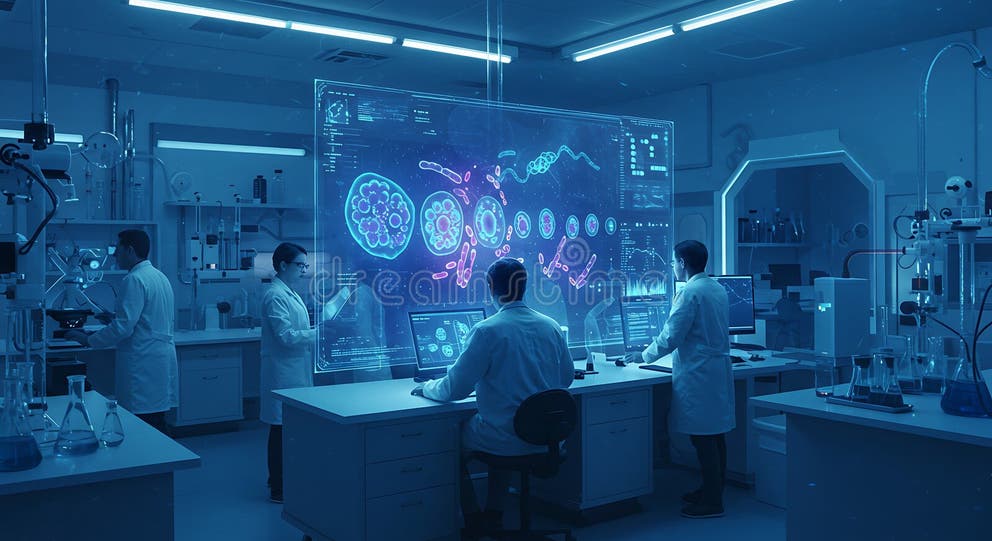 Scientists Analyzing Virus Data on Holographic Display in a Blue ...