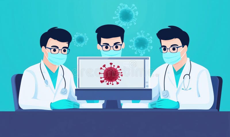 Scientists Analyzing Virus Data, Three Researchers in Lab Coats, Masks ...