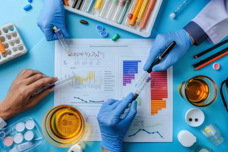 Scientists in Blue Gloves Analyze Medical Data Charts and Test Tubes in ...