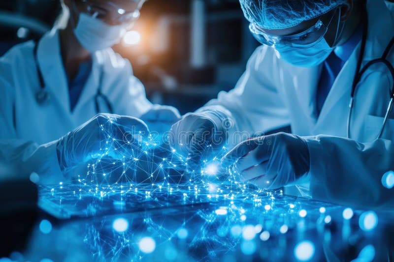 Scientists Collaborating in a Lab, Working with Glowing Data ...