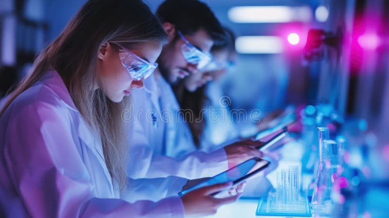 Scientists Collaborating in a Modern Lab, Using Tablets Stock ...