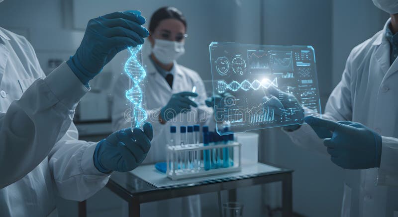 Scientists Conducting DNA Research Using Holographic Technology Stock ...