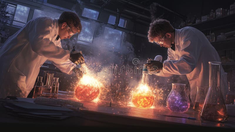 Scientists Conducting Exciting Chemistry Experiment with Dramatic ...