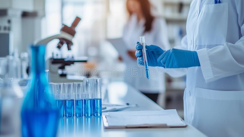 Scientists Conducting Experiments in a Laboratory with Blue Liquids ...