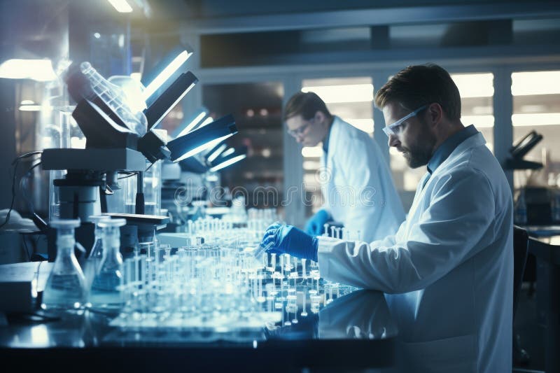 Scientists Conducting Experiments in a Laboratory with Glassware and ...