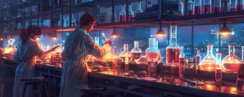 Scientists Conducting Experiments in a Modern Laboratory at Night with ...