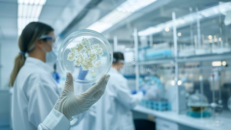 Scientists Observing a Petri Dish with Mold Growth in a Laboratory ...