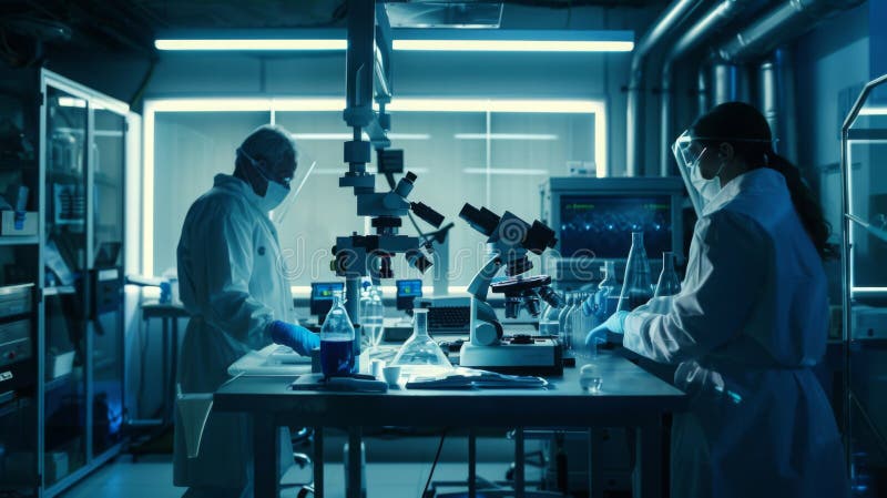 Scientists Conducting Research in Laboratory Under Blue Light at Night ...