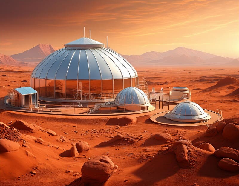 Scientists Exploring the Surface of Mars at Sunset Stock Illustration ...