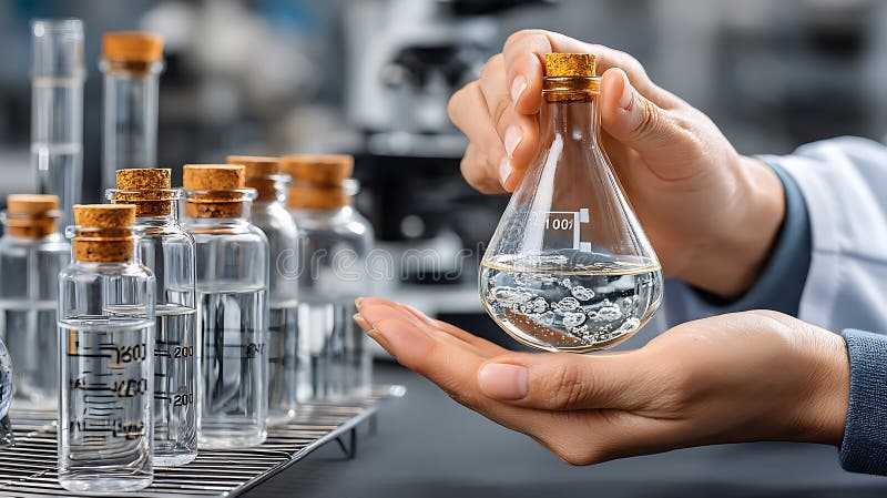 Scientists Hands Hold a Glass Flask in a Modern Lab Setting Stock ...