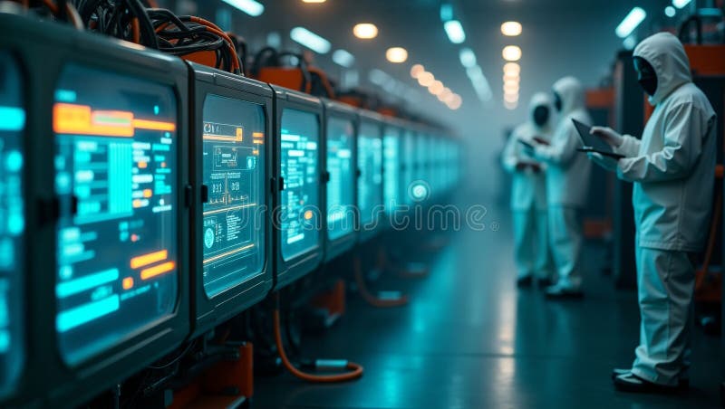In a Futuristic Lab Researchers in Sterile Suits Analyze Vibrant Glowing Data Displays Advancing ...