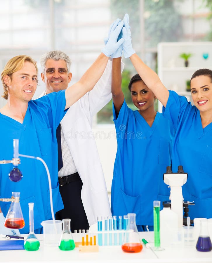 Scientists high five stock image. Image of chemical, five - 32451835