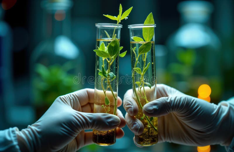 Scientists Hold Test Tubes with Small Plants Growing in. Lab Setting ...
