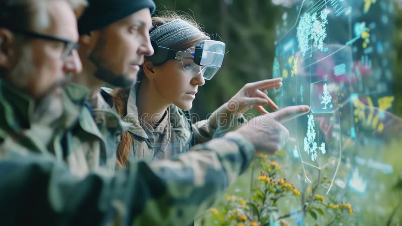 Scientists Interacting with Futuristic Holographic Interface in Forest ...