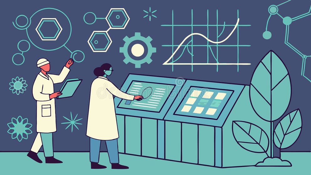 Scientists Interacting with Futuristic Interface, Data, AI, Vector ...