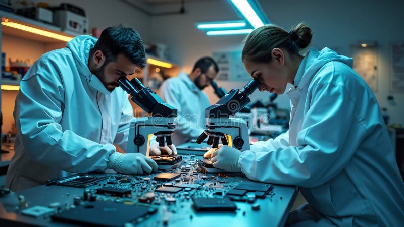 Scientists in Lab Coats Examining Microchips Under Good Resolution ...