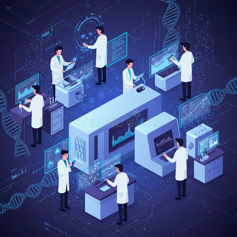Scientists in Lab Coats Work in a Futuristic Laboratory, Surrounded by Digital Interfaces Stock ...