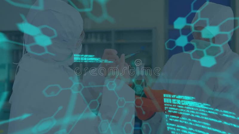 Scientists in Lab Coats Working with Test Tubes Over Molecular ...