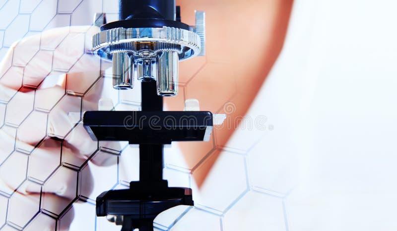 Scientists and Microscope with Hexagonal Cell Stock Photo - Image of ...
