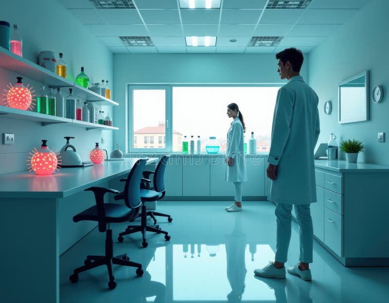 Scientists in Modern Lab with Virus Decor - Research and Discovery ...