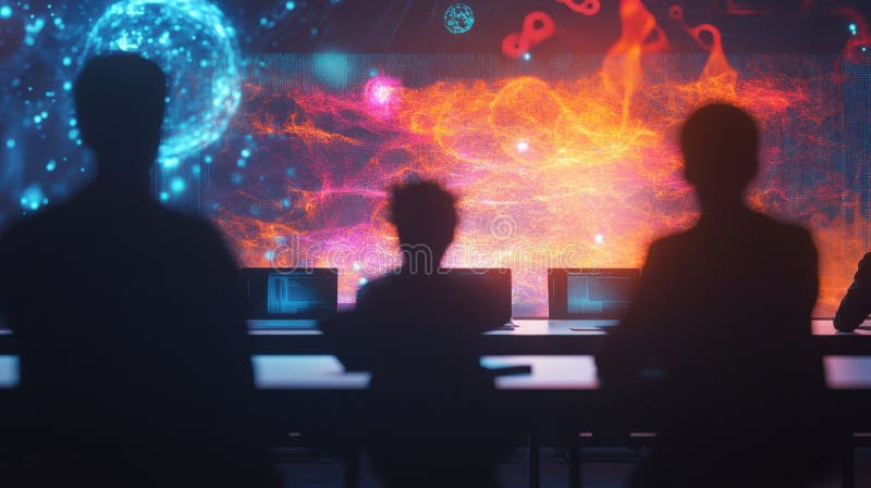 Scientists Observing Colorful Nebula and Data on a Large Screen in a ...