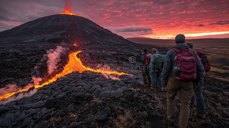 Scientists Observing Volcano Eruption at Sunset for Geological Study ...