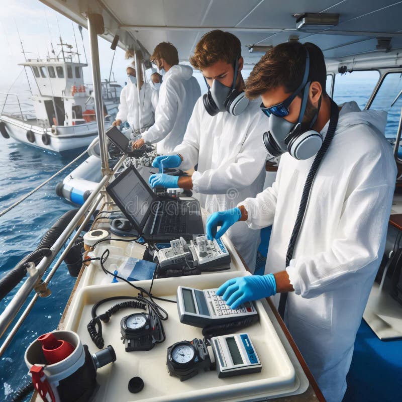 Scientists in Protective Gear Conduct Research on a Boat, Using Laptops ...