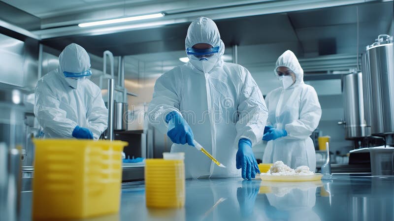 Scientists in Protective Gear Conducting Experiments in a Lab. Food ...