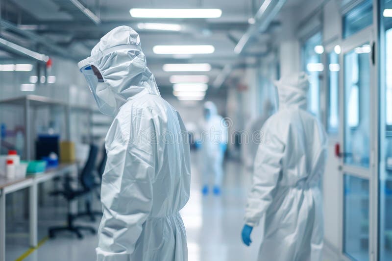Scientists in Protective Hazmat Suits Conduct Research in a Sterile Lab ...