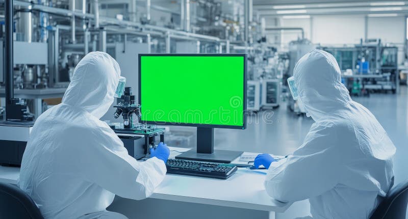 Scientists in Protective Suits Collaborate on Research with a Computer ...