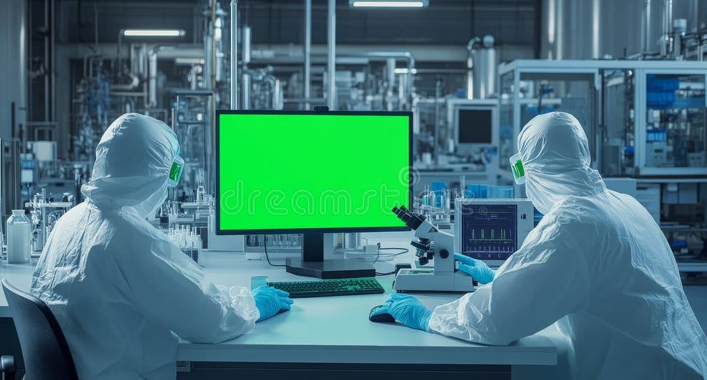 Scientists in Protective Suits Collaborate on Research with a Computer ...