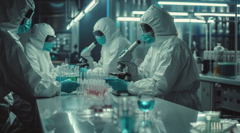 Scientists in Protective Suits Conduct Research in a Modern Laboratory ...