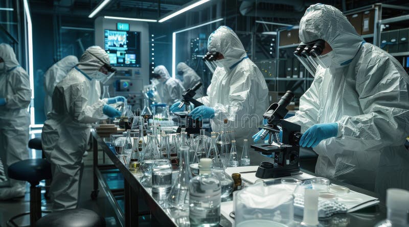 Scientists in Protective Suits Conduct Research in a Modern Laboratory ...