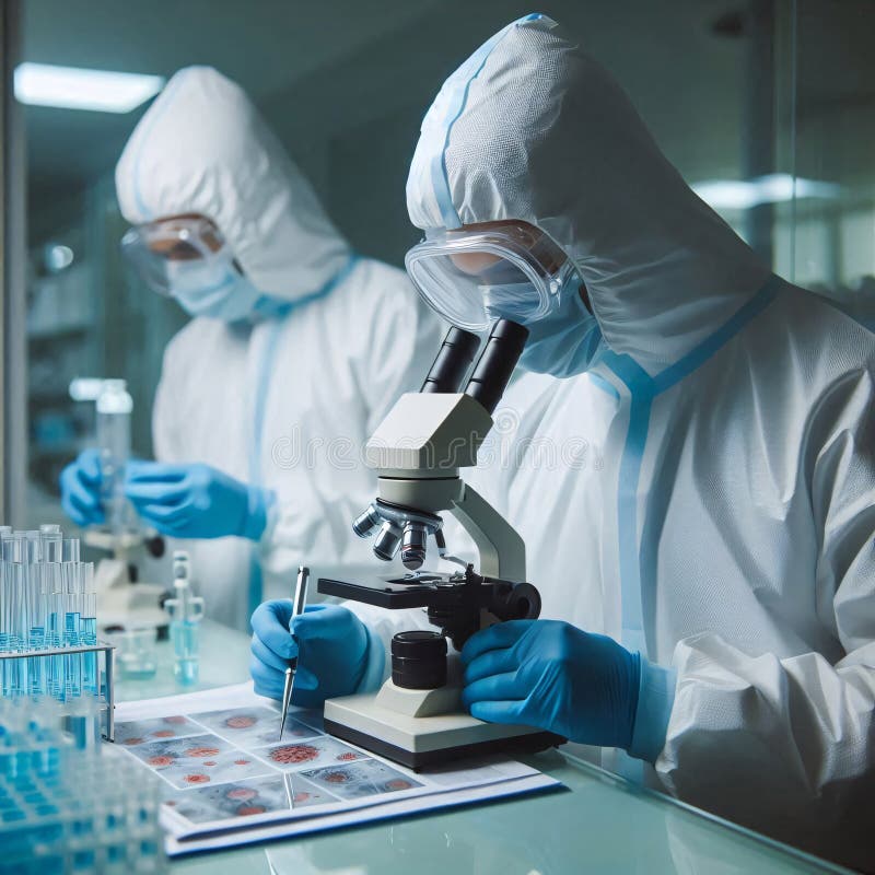 Scientists in Protective Suits and Gloves Work in a Lab, Examining ...