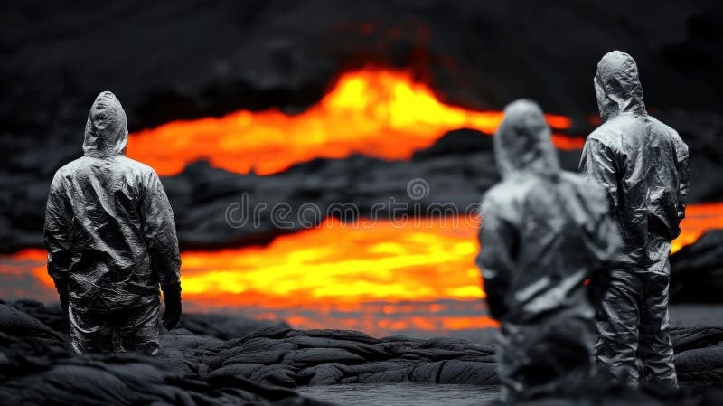 Scientists in Protective Suits Observing Active Volcanic Lava Flow ...