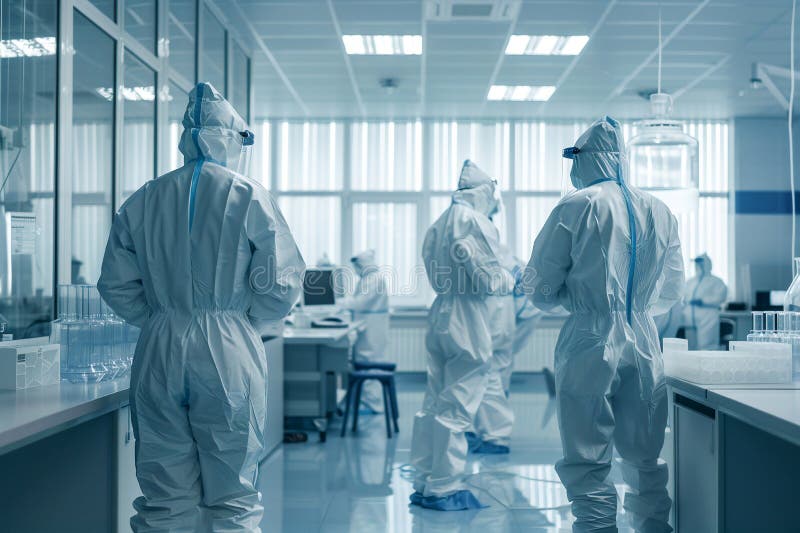 Scientists in Protective Suits Work in a High-tech Laboratory, Handling ...
