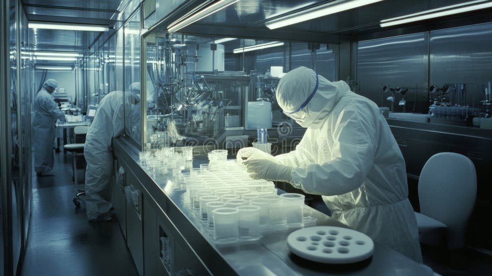Scientists in Protective Suits Working in a Cleanroom Laboratory Stock ...