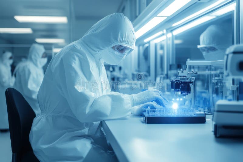 Scientists in Protective Suits Working in Cleanroom Laboratory ...