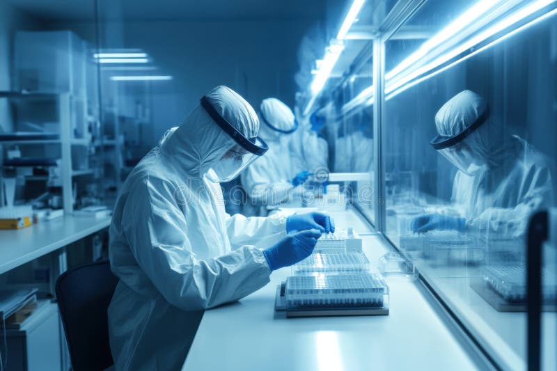Scientists in Protective Suits Working in a Laboratory with Test ...
