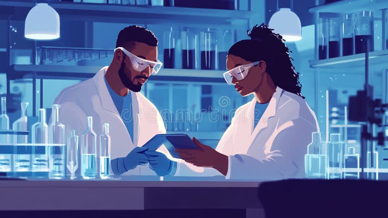 Scientists Reviewing Data on Tablet in Modern Lab Stock Photo - Image ...