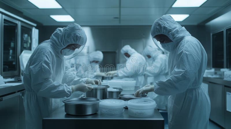 Scientists in Sterile Suits Handle Lab Containers Stock Photo - Image ...