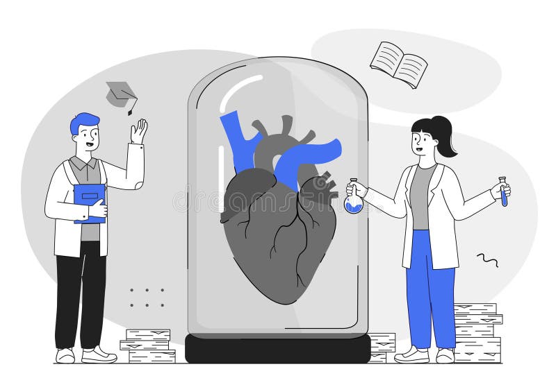 Scientists Study Giant Heart in Lab Glass. Vector Illustration Stock Vector - Illustration of ...