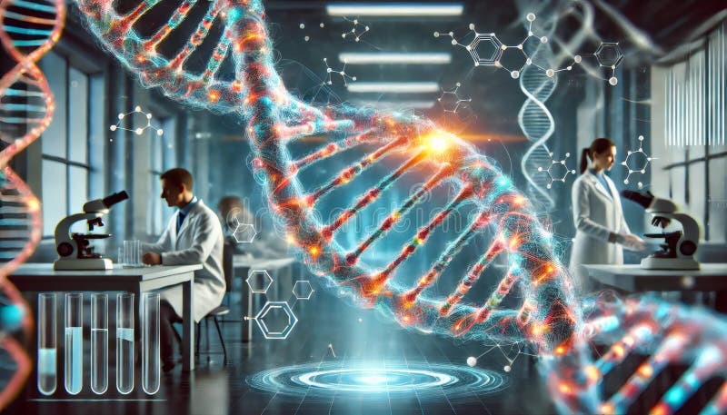 Scientists Studying Glowing Dna Structure in Modern Laboratory Stock ...