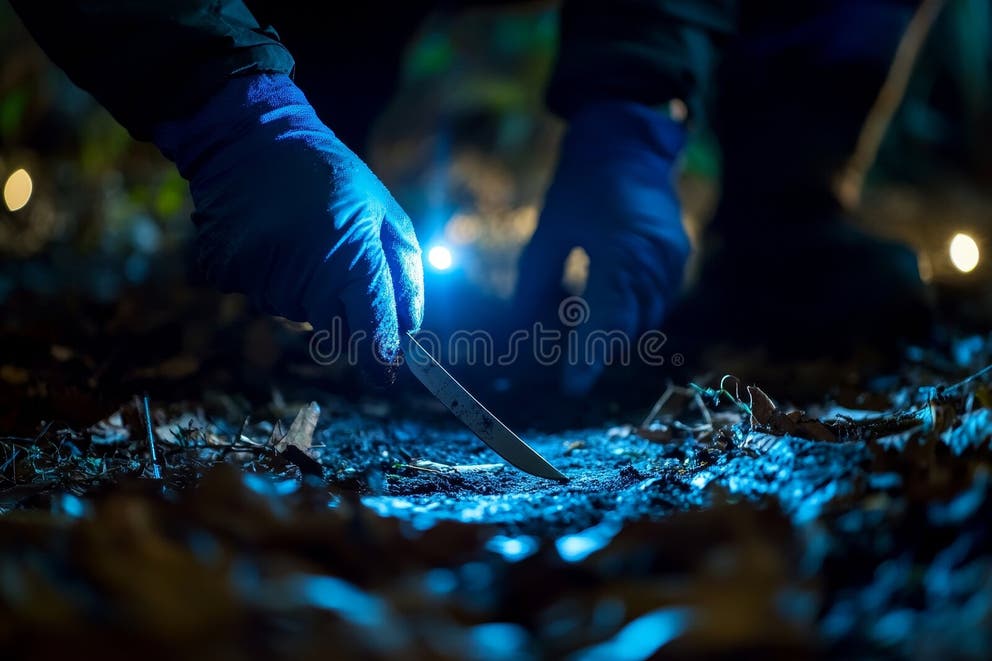 Scientists Taking Soil Samples at Night Using Scalpel and Flashlight ...