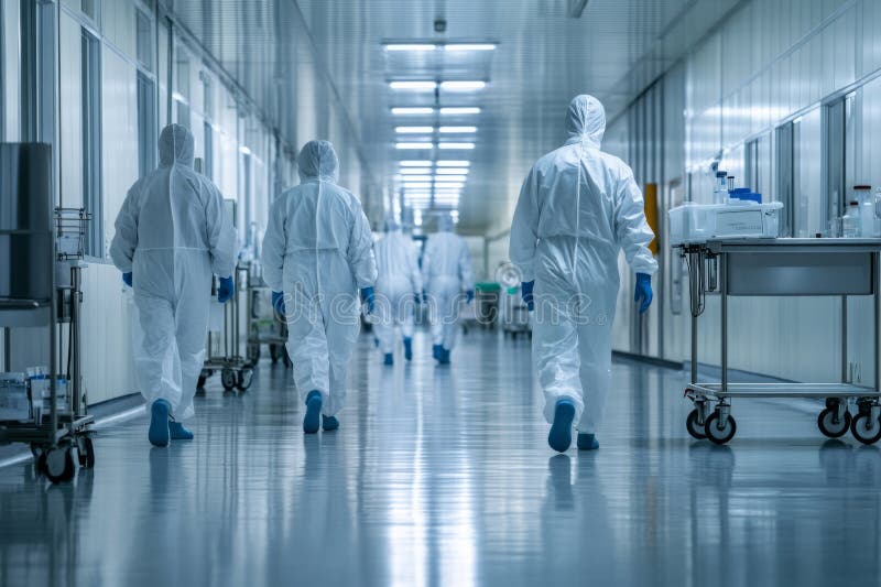 Scientists Wearing Hazmat Suits Walking Down the Hallway in a ...