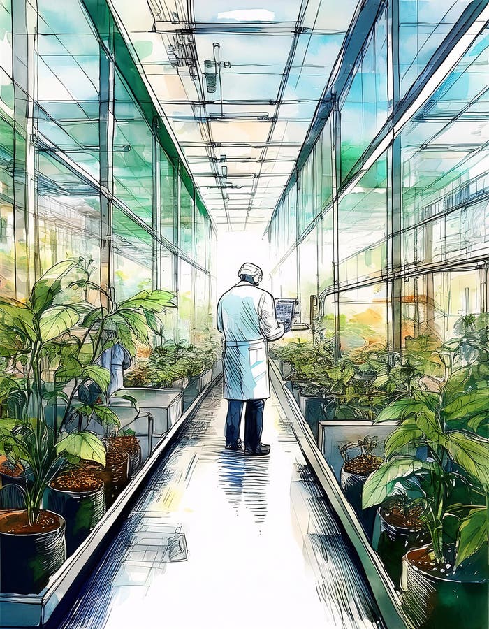 Scientists in White Lab Coats Study Potted Plants in a Bright ...
