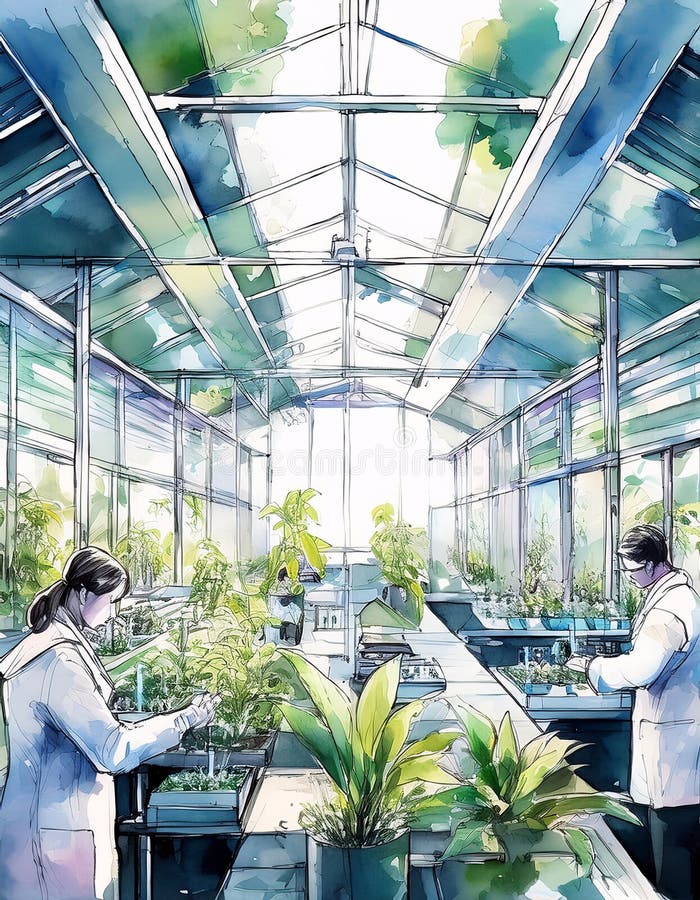 Scientists in White Lab Coats Study Potted Plants in a Bright ...