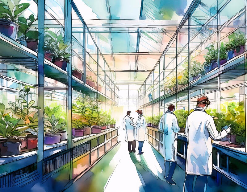 Scientists in White Lab Coats Study Potted Plants in a Bright ...