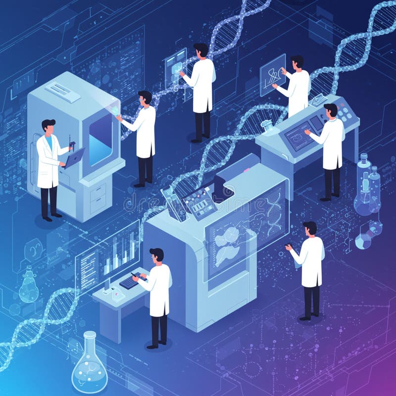 Scientists in White Lab Coats Work in a Futuristic Laboratory Setting. they Interact with Stock ...